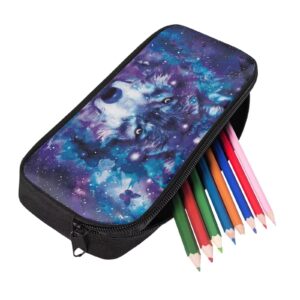 Drnuikhe Cool Galaxy Wolf Print Pencil Case Pencil Pouch Durable Pencil Holder Bag Large Pencil Box Gift for School Teens Kids Boys Girls