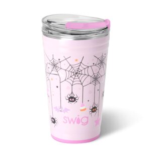 swig life 24oz party cup, stackable insulated travel coffee tumbler with ez slider lid, cup holder friendly travel thermos, stainless steel 24 oz tumbler, reusable coffee mug (sweet and spooky)