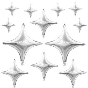 hilavo 12pcs silver star balloons, 24in 18in 10in four angle star shaped balloons silver foil balloons for wedding, baby shower, birthday party decorations