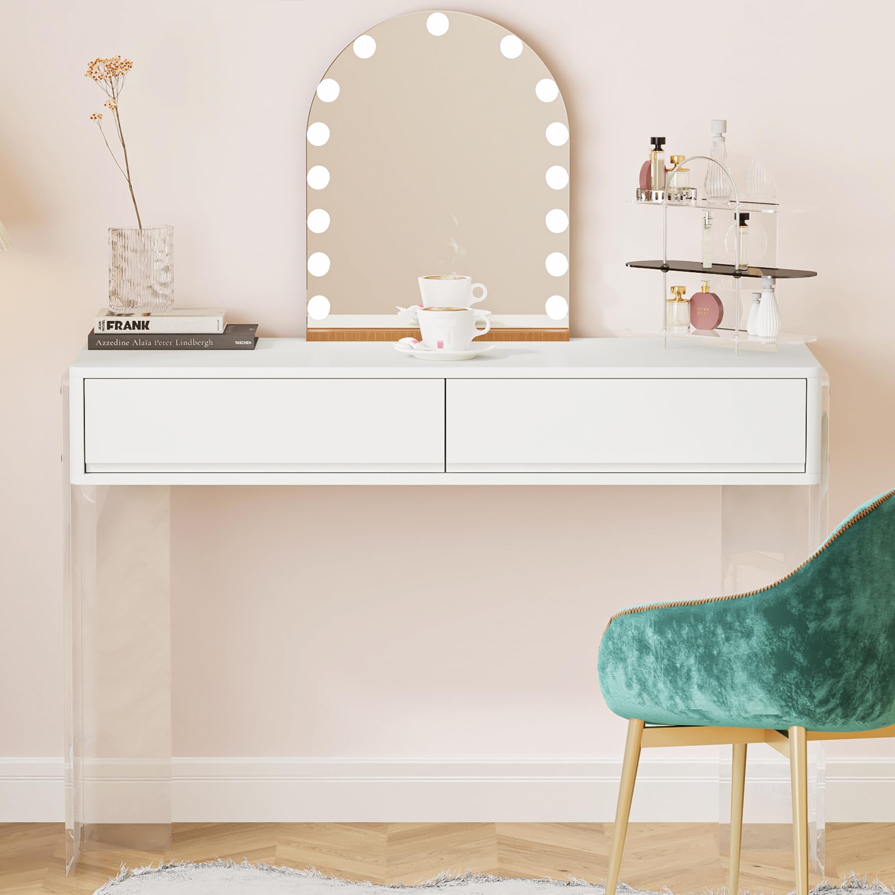 Tribesigns Makeup Vanity Desk with 2 Drawers, Modern Writing Computer Desk with Acrylic Legs, White Vanity Dressing Table for Bedroom (Without Mirror)