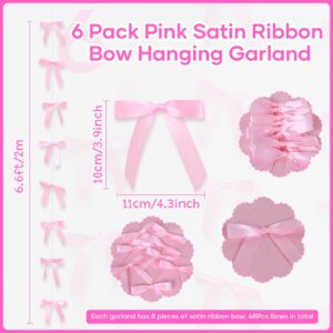 Pink Satin Ribbon Bow Hanging Garland, Bow Party Hanging Decortions, Girls Bow Birthday Baby Shower Decorations, Coquette Birthday Decorations, Tying The Knot Bridal Shower Bachelorette Party Decor