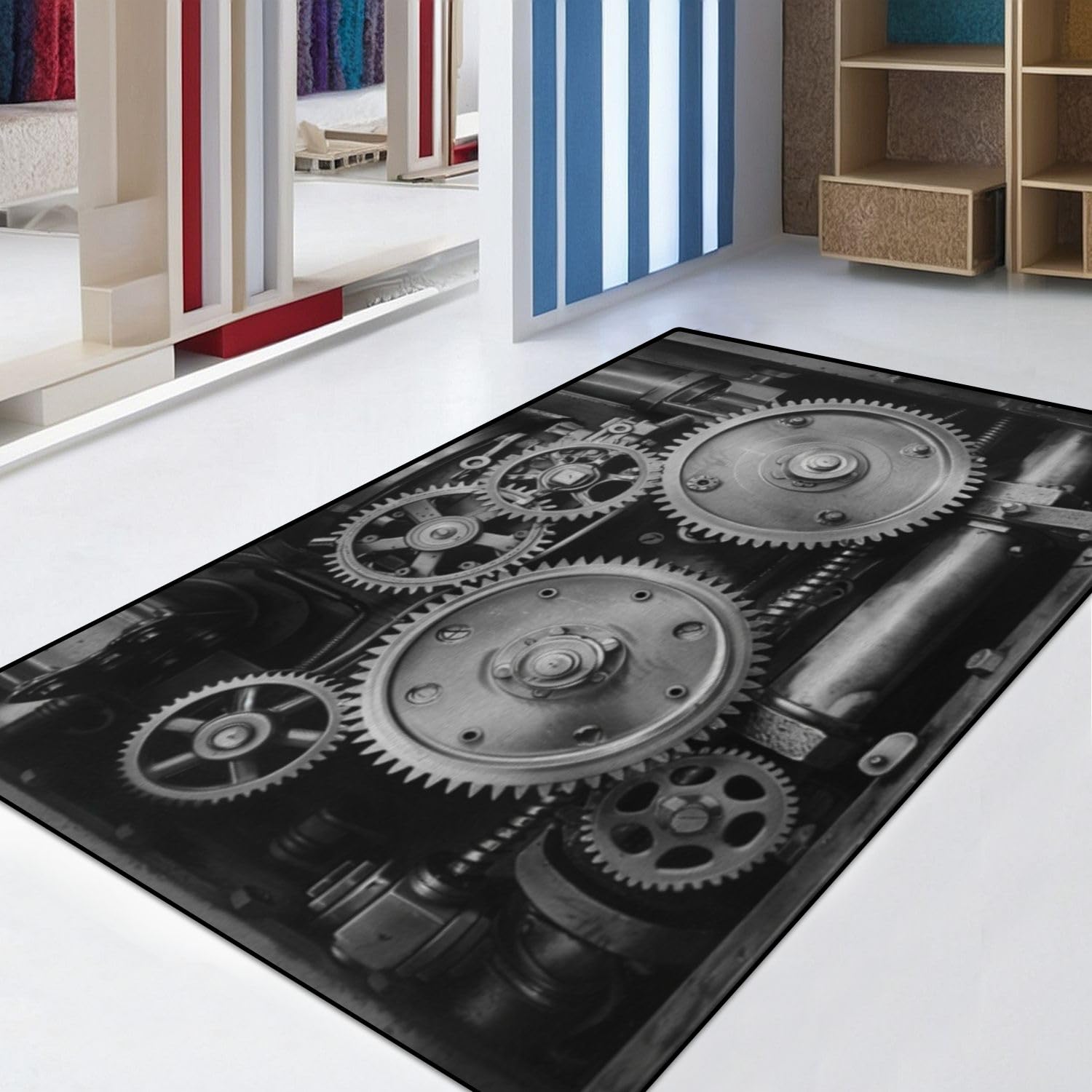 PeeNoke Black and White Industrial Machines Paintings Artwork Gears Metal Area Rug Outdoor Patio Rug Play Mat Modern Floor Carpet Non-Slip Home Decor Living Room Kids Bedroom Nursery, 3x5 ft