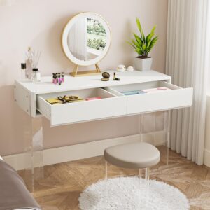 Tribesigns Makeup Vanity Desk with 2 Drawers, Modern Writing Computer Desk with Acrylic Legs, White Vanity Dressing Table for Bedroom (Without Mirror)