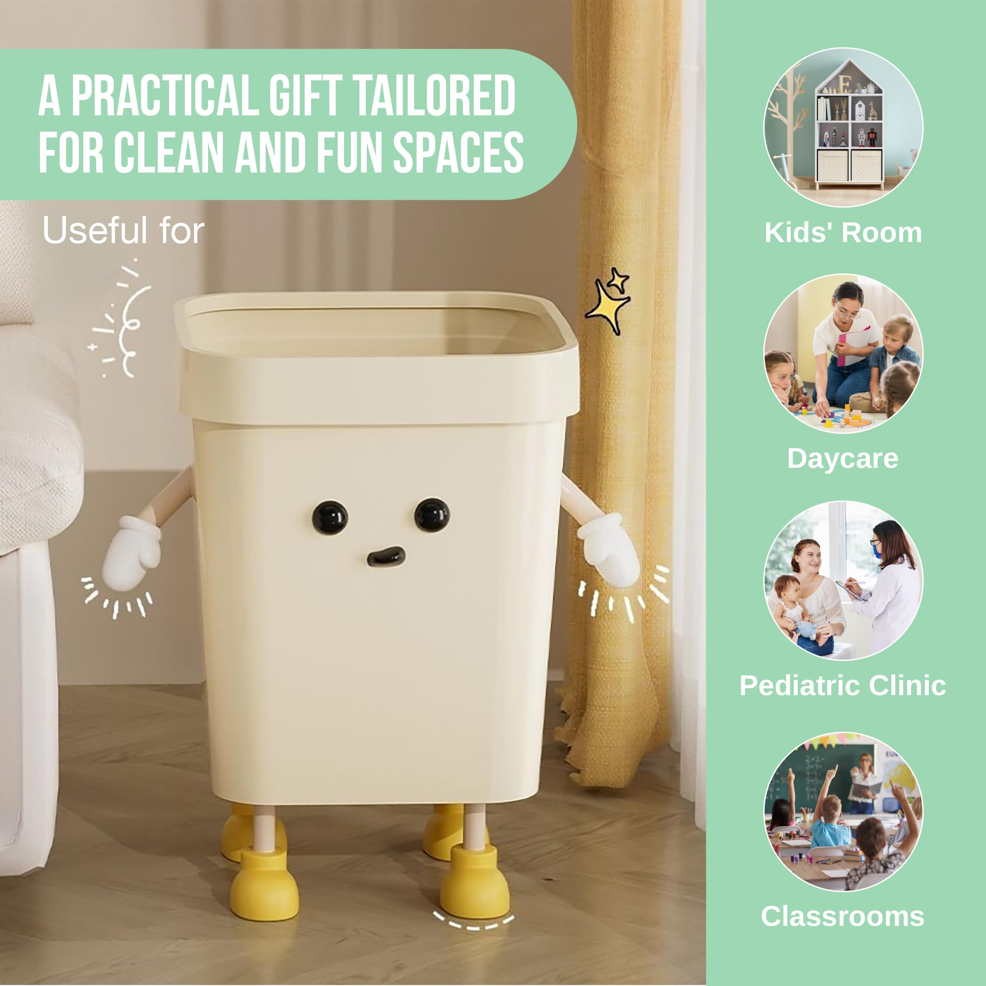 3.2-Gallon Cute Kids Trash Can - Durable Waste Basket Perfect for Kids Rooms, Classrooms, Pediatric Clinics - Beige Square-Shaped Trash Bin w/Arms & Legs - Comes with Removable Trash Bag Holder