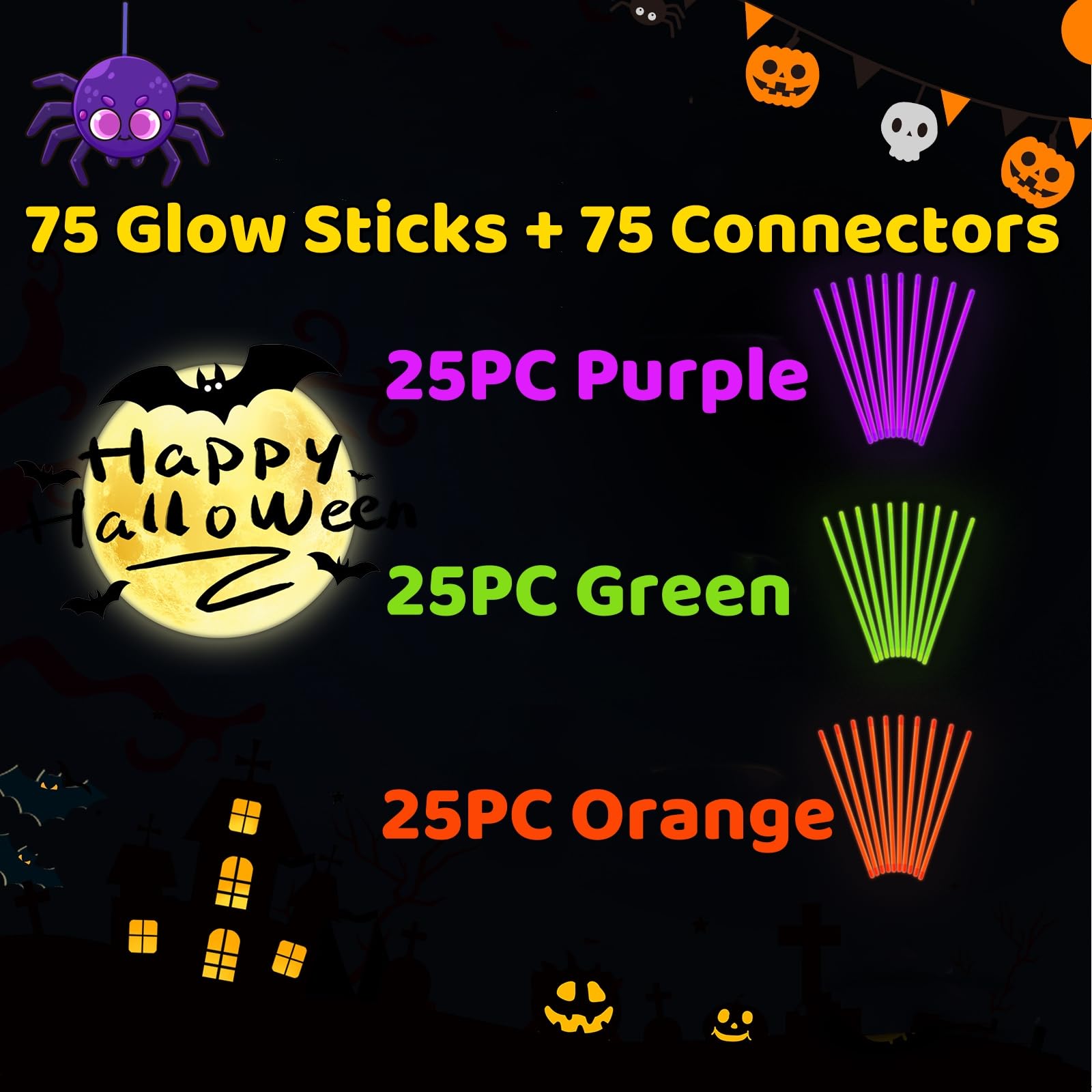 UURM 75 Halloween Glow Sticks for Halloween Party Favors with Connectors, Purple Orange Green Halloween Glow in the Dark Party Supplies, Halloween Goodie Bag Fillers (Purple+Green+Orange)