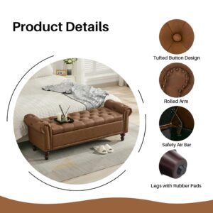 SOFTHION Storage Bench Upholstered PU Leather End of Bedroom Bed Bench Ottoman with Tufted Cushioned Rolled Arm Large Storage Space for Reading Living Room Entryway, Brown