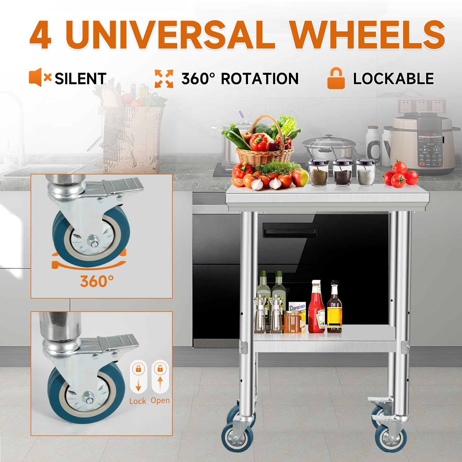 SGOLAN Stainless Steel Table with Wheels,24×12×32 Incn prep Table with 4 Casters,Heavy Duty Food Prep Worktable for Commercial Kitchen Restaurant Business