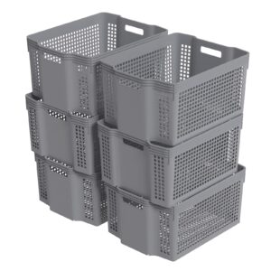 zopnny 6-pack stackable plastic woven basket organizer, large stacking storage basket bin, grey