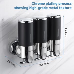 Shampoo and Conditioner Dispenser, Shower Soap Dispenser 3 Chamber No Drill for Shower Wall Mounted（Black）