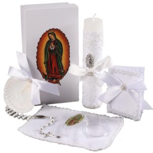 baptism candle set for boys and girls,5 pcs baptism kit virgen de guadalupe catholic candle,baptism towel,baptism shell,rosary,bible for baptismal christening gift,velas para bautizo de niño o niña