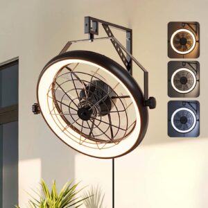 fansconce wall mounted fan with lights, 23” wall mount fan with remote, 6 speeds plug in wall fan, reversible, 3cct, dimmable, noiseless, 360°adjustable tilt for workshop, patio, home