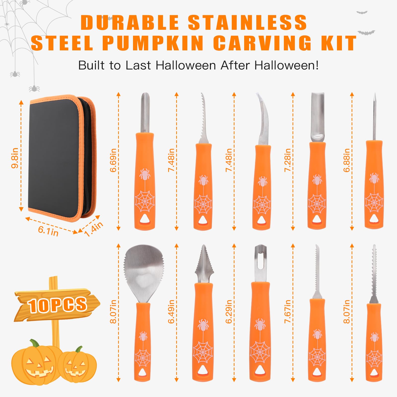 Pumpkin Carving Kit Tools Halloween, 10PCS Professional Heavy Duty Carving Set, Stainless Steel Double-side Sculpting Tool Carving Kit for Halloween Decoration Jack-O-Lanterns, Safe and Durable