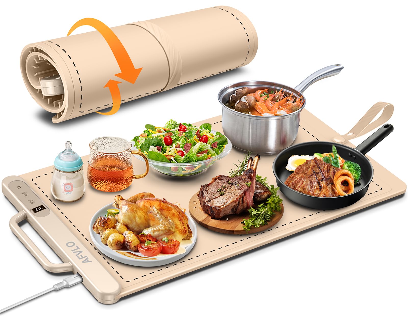 Electric Food Warming Mat with Adjustable Temperature, Upgrade High-tech Graphene Heating Film, Fast Full Surface Heating Mat, Roll Up Food Warmers for Parties Buffet (Cream)