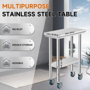 SGOLAN Stainless Steel Table with Wheels,24×12×32 Incn prep Table with 4 Casters,Heavy Duty Food Prep Worktable for Commercial Kitchen Restaurant Business