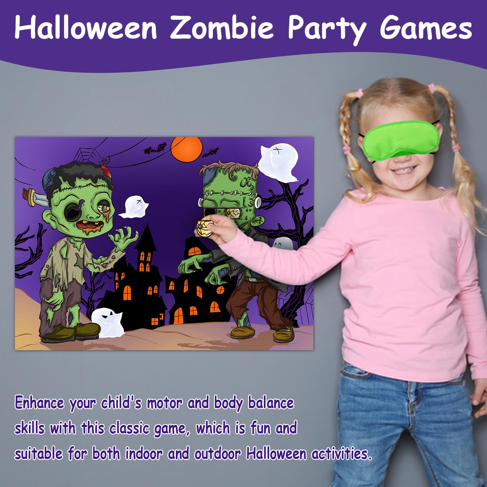 GXGGUS Halloween Party Games, Pin The Tail Game Pin The Eyeball on The Zombies, Two Blindfold Zombies on Game Poster Halloween Classroom Stickers Games,Halloween Zombie Party Games ﻿