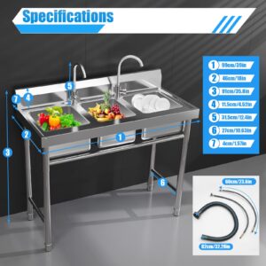 LENJKYYO 3 Compartment Sink, Stainless Steel Kitchen Sink Laundry Tub Culinary 99”Lx46”Wx91”H Sink Commercial Grade for Restaurant/Kitchen/Laundry/Utility Room