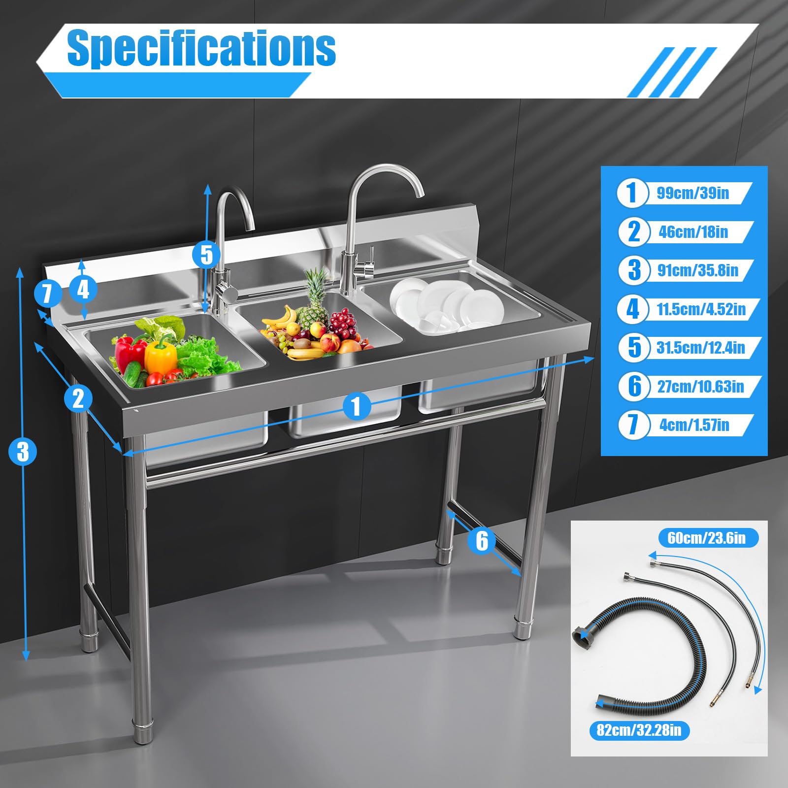 LENJKYYO 3 Compartment Sink, Stainless Steel Kitchen Sink Laundry Tub Culinary 99”Lx46”Wx91”H Sink Commercial Grade for Restaurant/Kitchen/Laundry/Utility Room