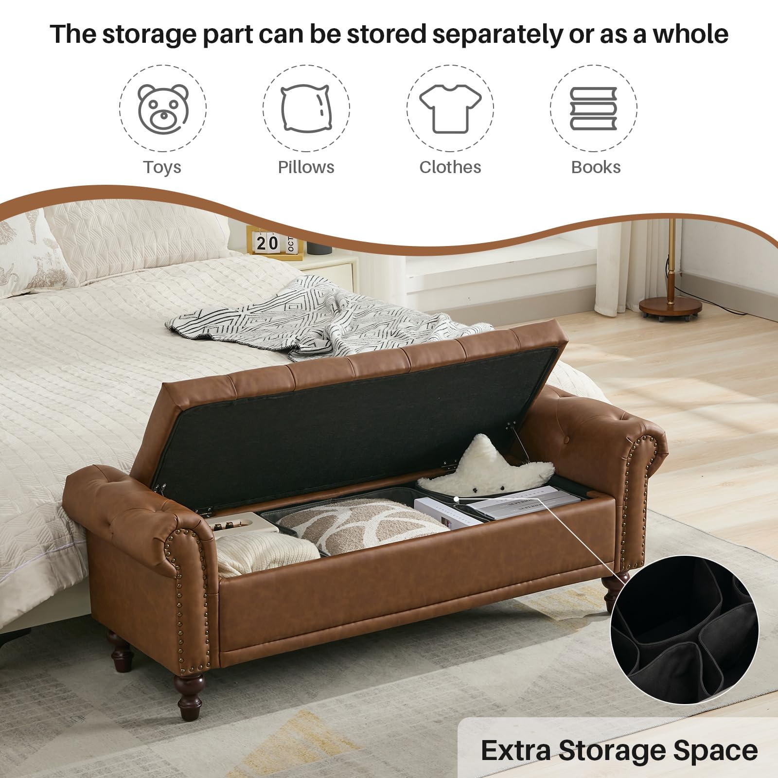 SOFTHION Storage Bench Upholstered PU Leather End of Bedroom Bed Bench Ottoman with Tufted Cushioned Rolled Arm Large Storage Space for Reading Living Room Entryway, Brown