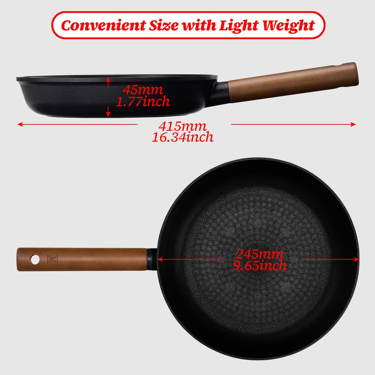 WAGENSTEIGER Aluminum Frying Pan with Titanium Coated Non-Stick Surface, 7-Layer Coating With Zelkova Wooden Handle, Restaurant & Business Grade, Made in South Korea (16.34L x 9.65W x 1.77H Inches)