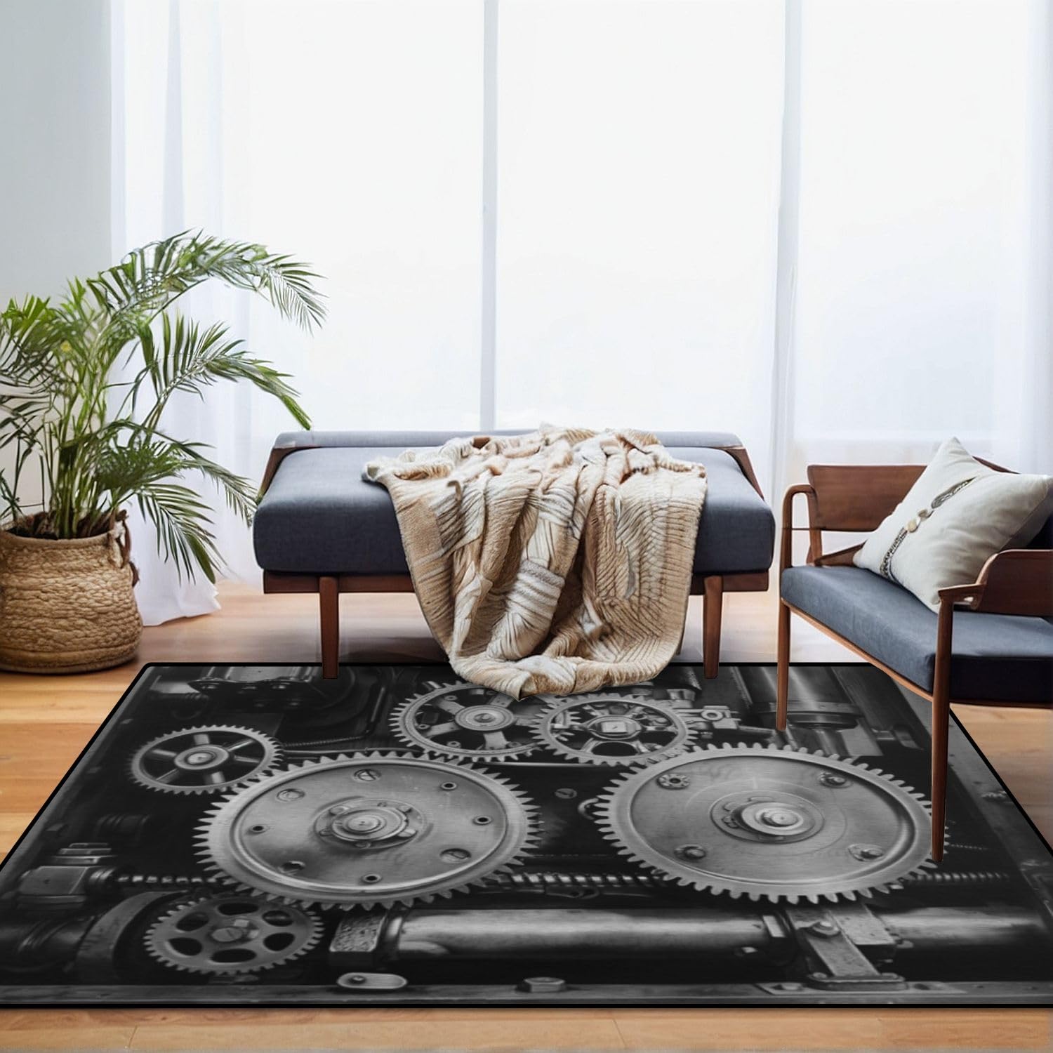 PeeNoke Black and White Industrial Machines Paintings Artwork Gears Metal Area Rug Outdoor Patio Rug Play Mat Modern Floor Carpet Non-Slip Home Decor Living Room Kids Bedroom Nursery, 3x5 ft