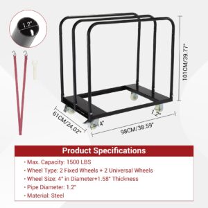 GarveeTech Drywall Cart Steel Panel Truck, Heavy Duty Flatbed Dolly Carts with Wheels, Table Cart with 1500 Lbs Capacity, Utility Tool Cart for Handling Wall Panel, Folding Table, Lumber, Mattress