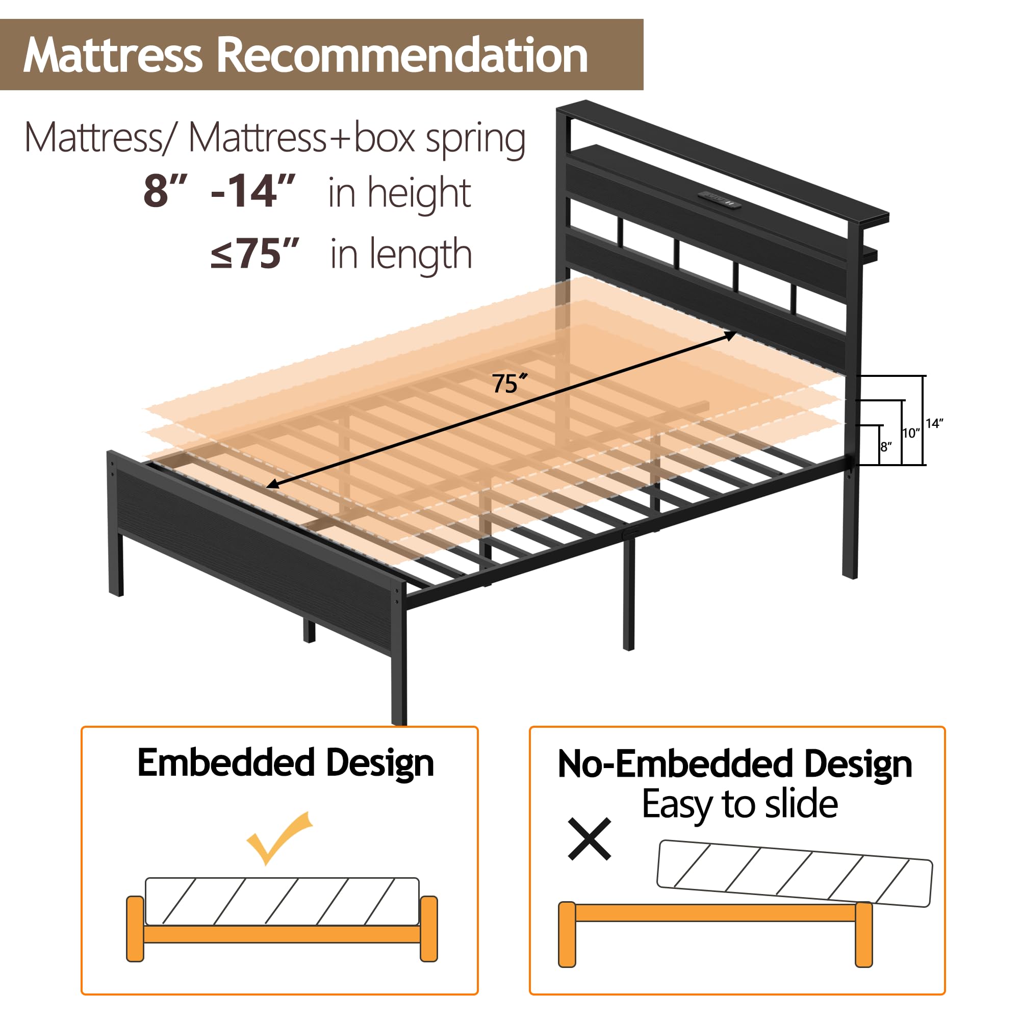 Furnulem Full Size Bed Frame with LED Light and Charging Station, Storage Headboard with 2-Tier Shelves, Metal Platform Bed with Heavy Duty Slats Support, No Box Spring Needed, Black Oak