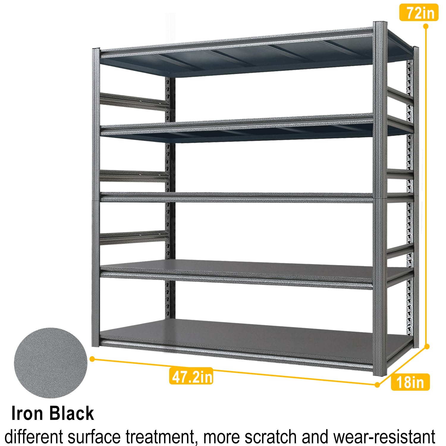 Sajanic Storage Shelves 5 Tier Heavy Duty Shelving, Boltless Metal Industrial Shelving with Guardrails, 2500LBS Garage Shelving for Storage Room, Warehouse, 18" D x 47.2" W x 72" H, Iron Black