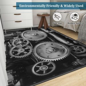 PeeNoke Black and White Industrial Machines Paintings Artwork Gears Metal Area Rug Outdoor Patio Rug Play Mat Modern Floor Carpet Non-Slip Home Decor Living Room Kids Bedroom Nursery, 3x5 ft