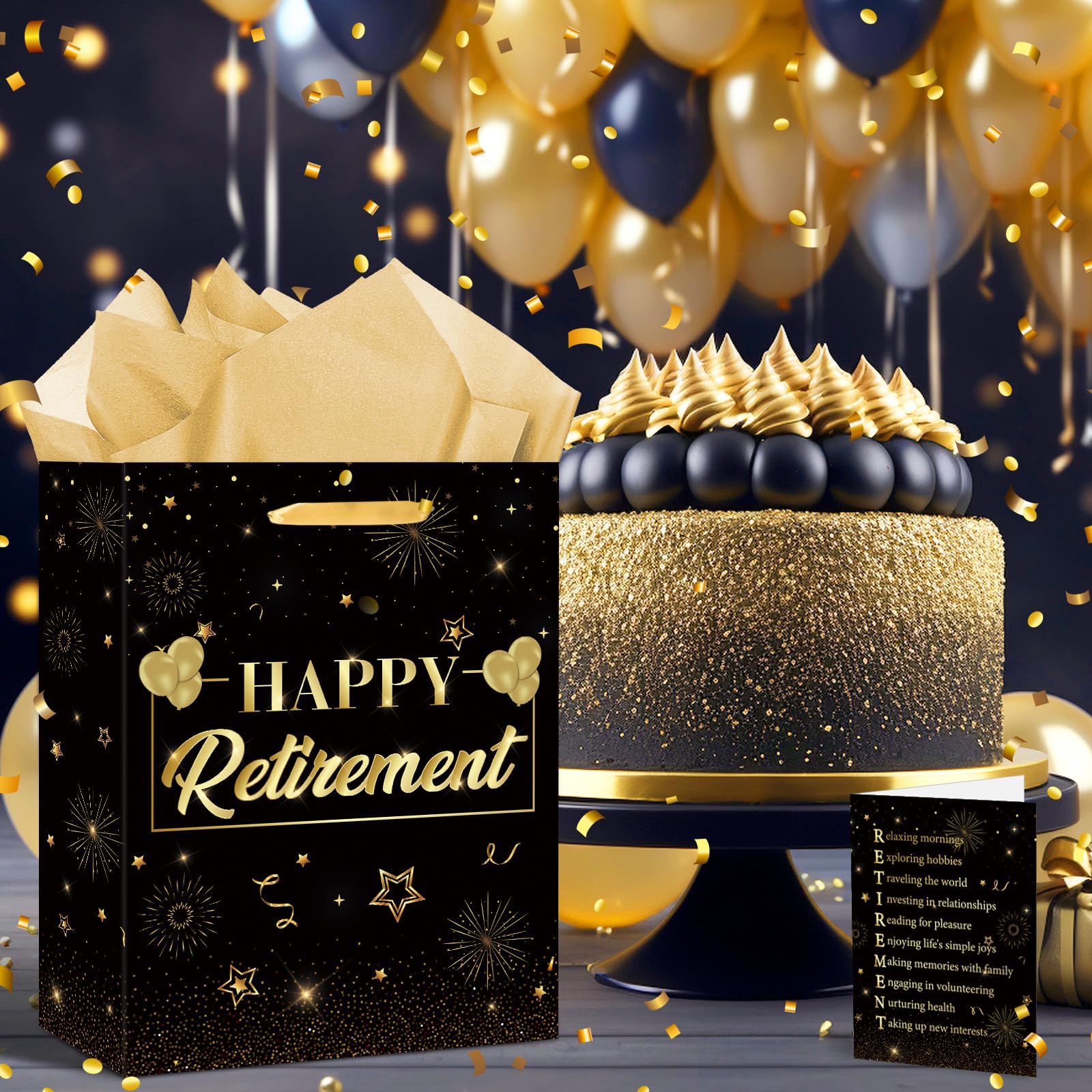 Retirement Gift Bag Happy Retirement Gift Wrapping Paper Bag with Tissue and Funny Retirement Card Black Gold Happy Christmas Retirement Party Decorations Gifts for Men Women Farewell Party Supplies