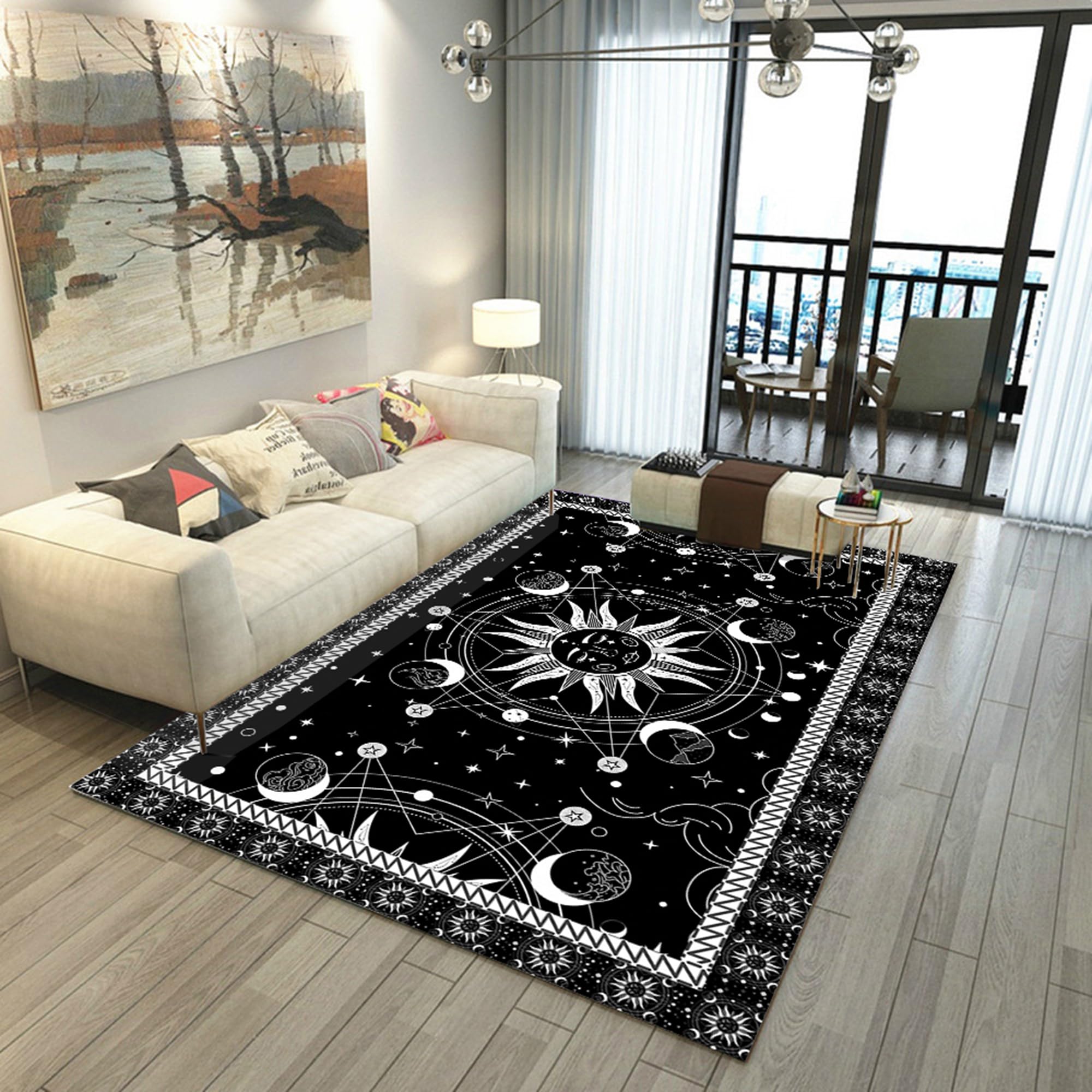 EDGZKO Sun and Moon Rug for Bedroom: 3x5 Moon Phase Rugs Boho Black and White Celestial Rug Witchy Area Rug for Dorm Living Room Kitchen Lunar Tarot Astrology Floor Mat Carpet