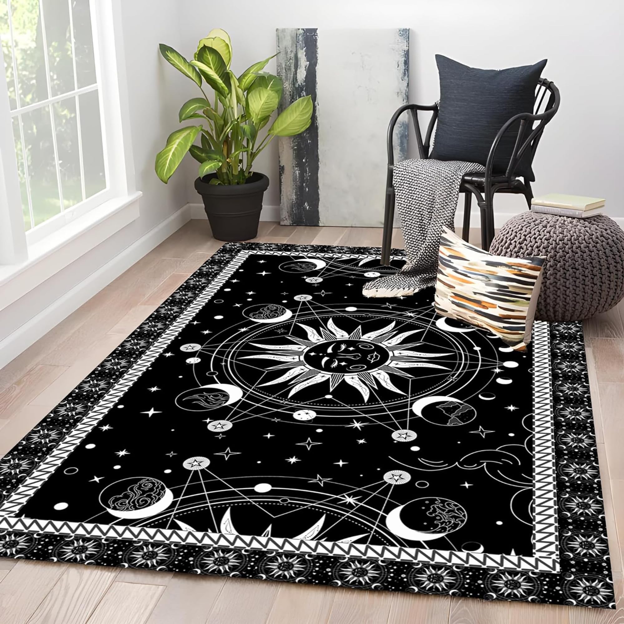 EDGZKO Sun and Moon Rug for Bedroom: 3x5 Moon Phase Rugs Boho Black and White Celestial Rug Witchy Area Rug for Dorm Living Room Kitchen Lunar Tarot Astrology Floor Mat Carpet