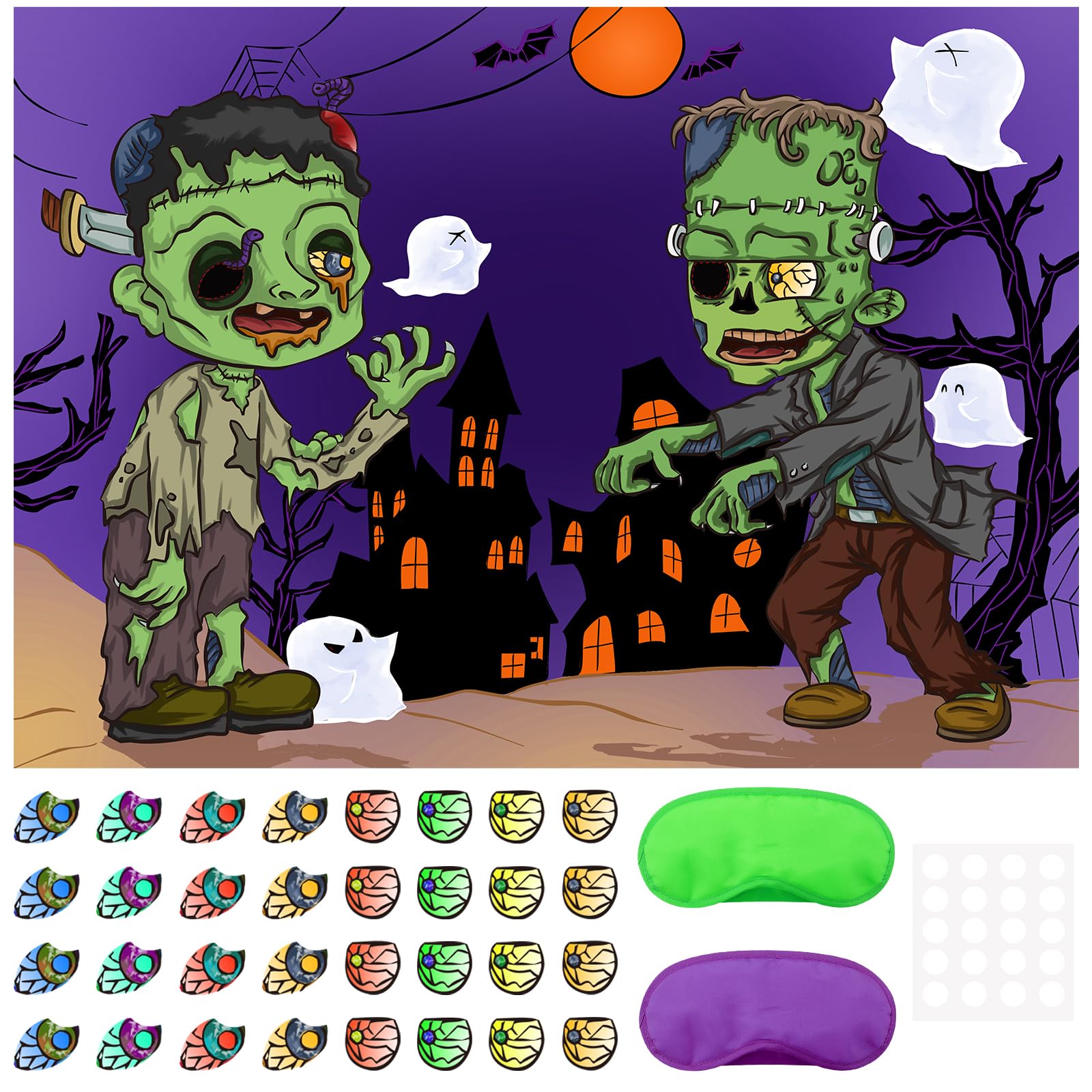 GXGGUS Halloween Party Games, Pin The Tail Game Pin The Eyeball on The Zombies, Two Blindfold Zombies on Game Poster Halloween Classroom Stickers Games,Halloween Zombie Party Games ﻿