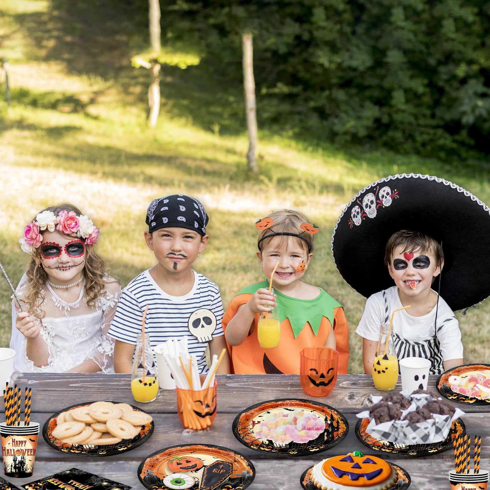 Avezano 192 Pcs Halloween Paper Plates and Napkins Happy Halloween Tableware Scary Moon Night Halloween Birthday Baby Shower Party Decorations Serve 24 (Orange)