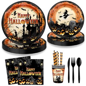 avezano 192 pcs halloween paper plates and napkins happy halloween tableware scary moon night halloween birthday baby shower party decorations serve 24 (orange)