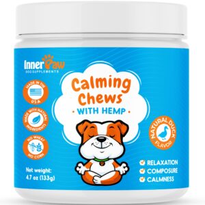 hemp calming chews for dogs - composure dog calming chews - anxiety relief treats - chamomile - hemp oil - calming aid - stress - sleep - separation anxiety - travel - natural dog calming treats - 60