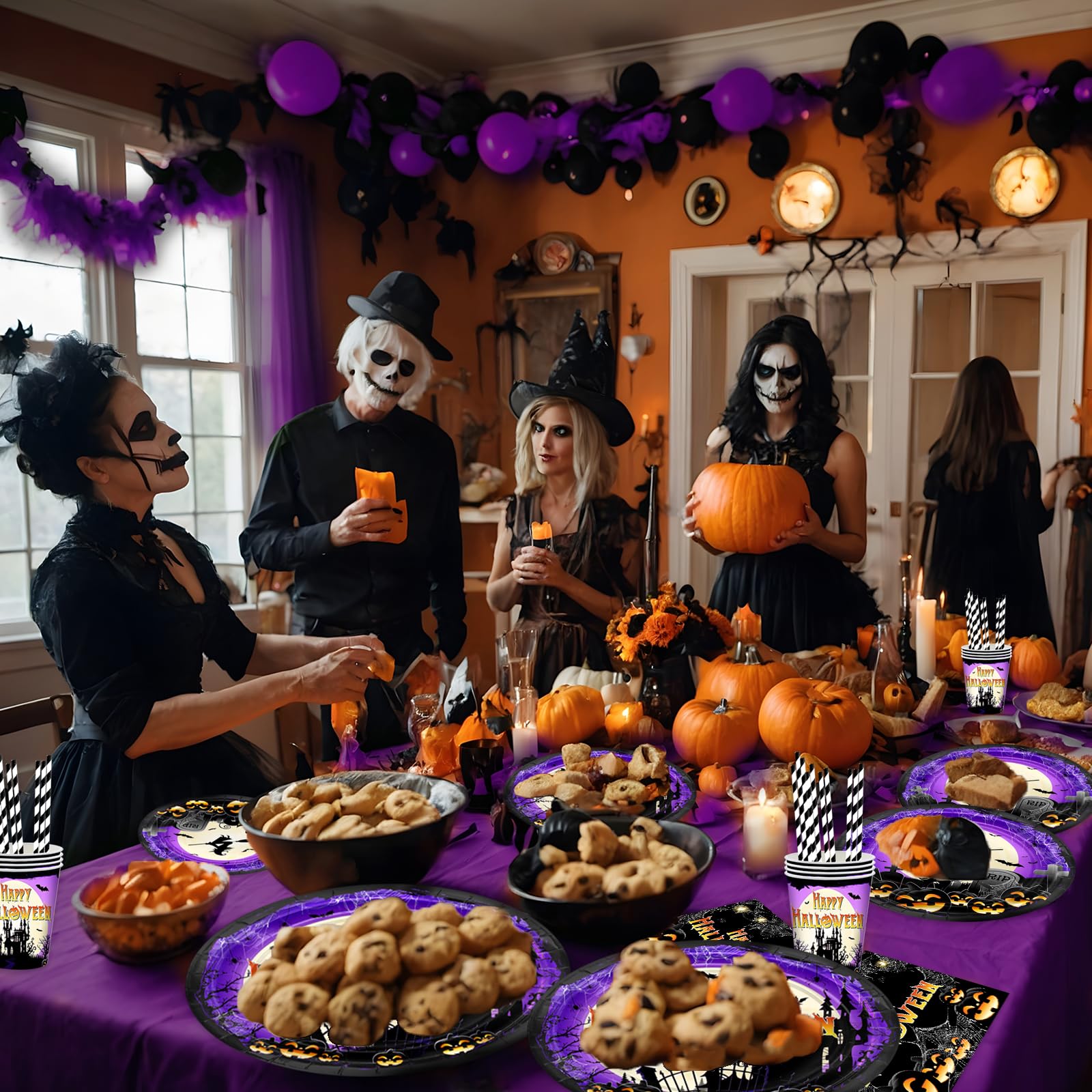 Avezano 192 Pcs Halloween Paper Plates and Napkins Happy Halloween Tableware Scary Moon Night Halloween Birthday Baby Shower Party Decorations Serve 24 (Purple)