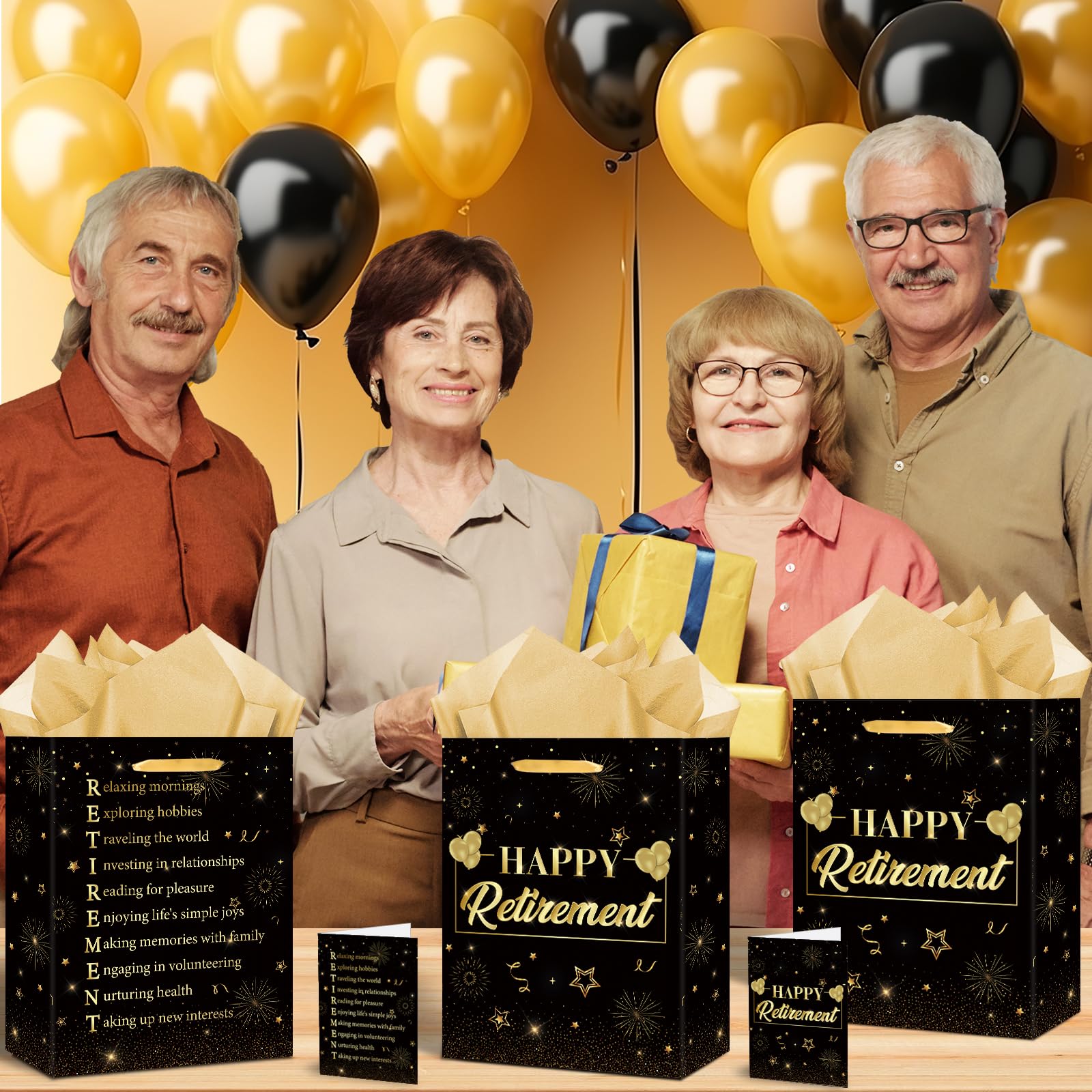 Retirement Gift Bag Happy Retirement Gift Wrapping Paper Bag with Tissue and Funny Retirement Card Black Gold Happy Christmas Retirement Party Decorations Gifts for Men Women Farewell Party Supplies