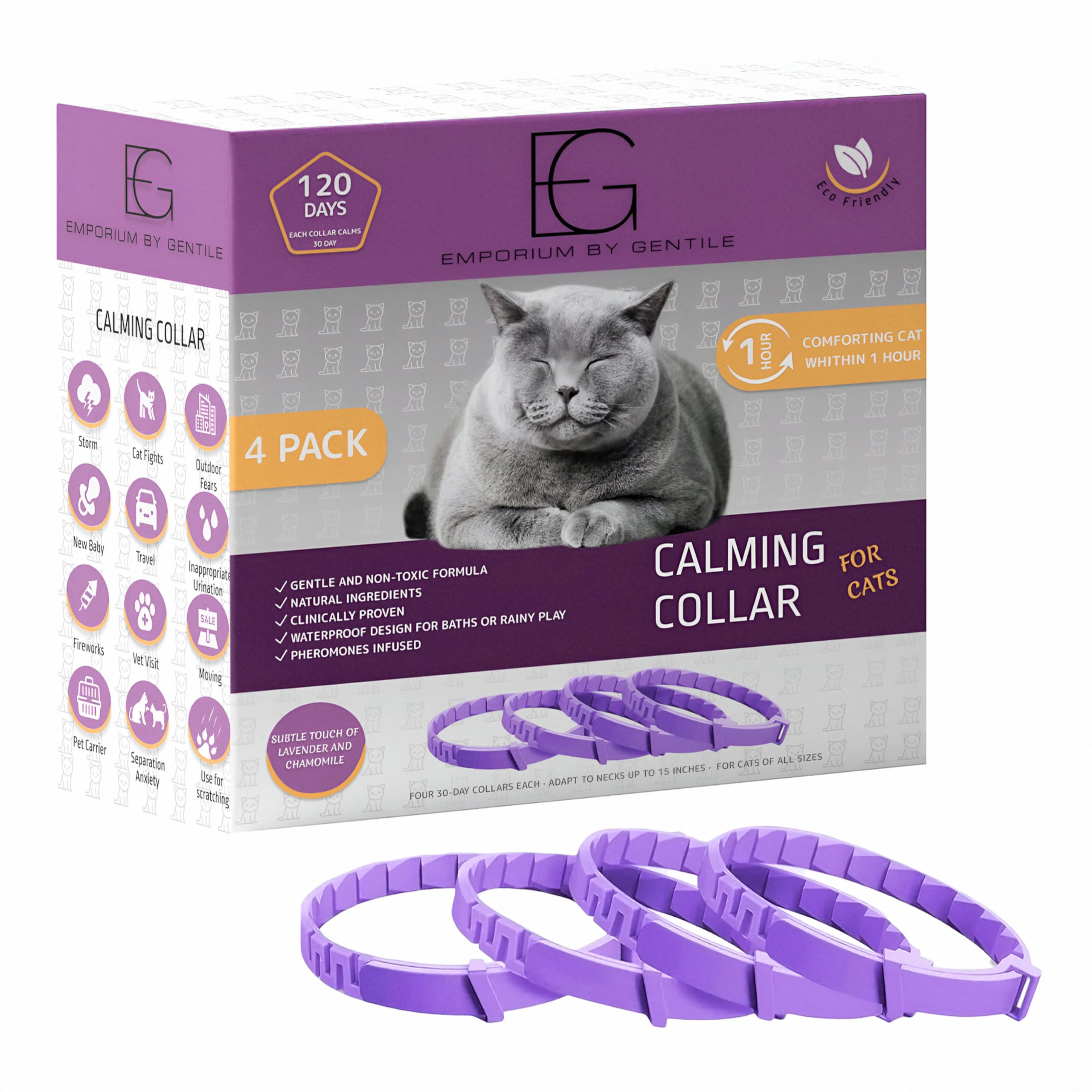 Calming Collar for Cats, 4 Pack (120 Days) with Fast-Acting Pheromones for Anxiety and Stress Relief, Provides Long-Lasting Comfort, Keeps Your Cat Calm and Relaxed, Lavender Aromatherapy