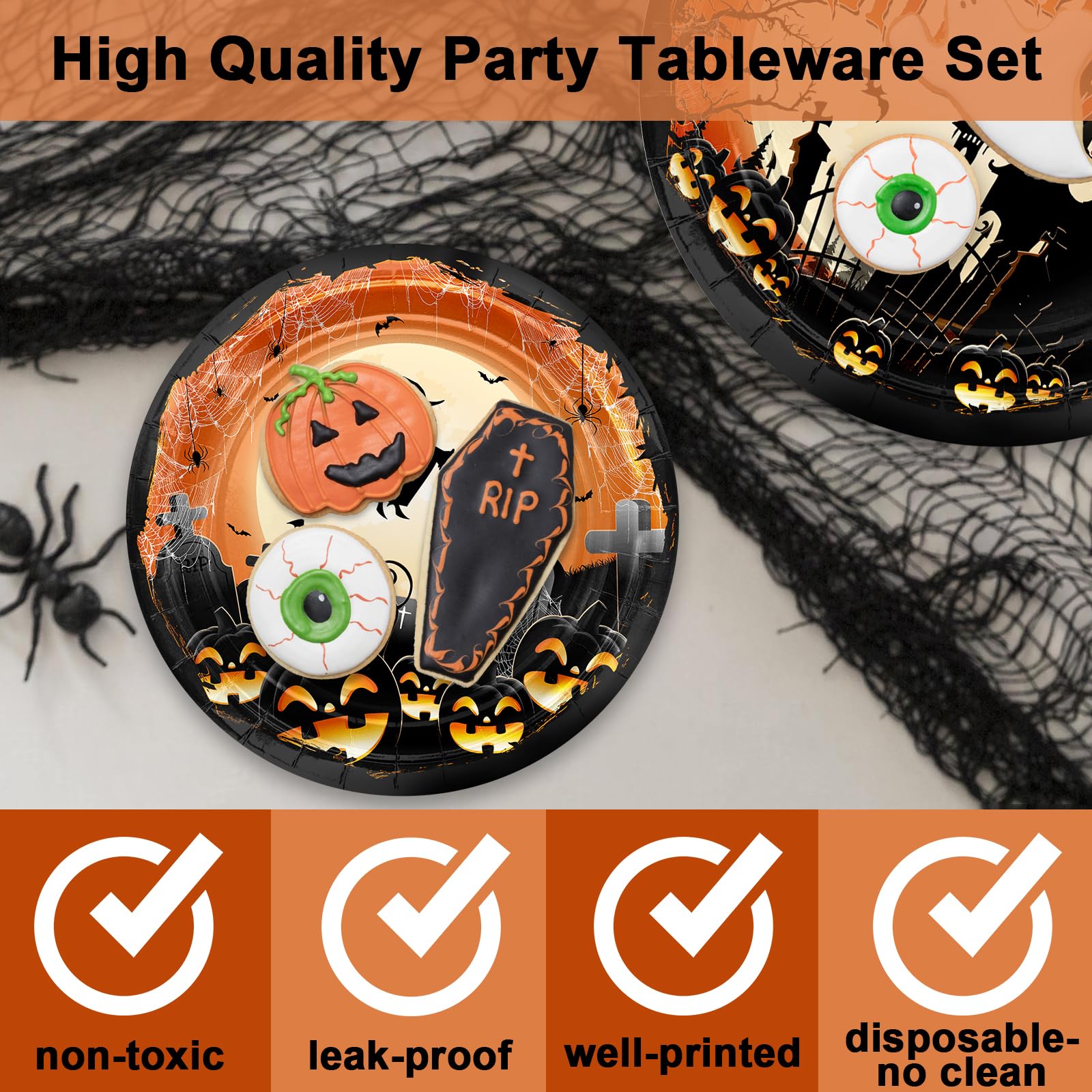 Avezano 192 Pcs Halloween Paper Plates and Napkins Happy Halloween Tableware Scary Moon Night Halloween Birthday Baby Shower Party Decorations Serve 24 (Orange)