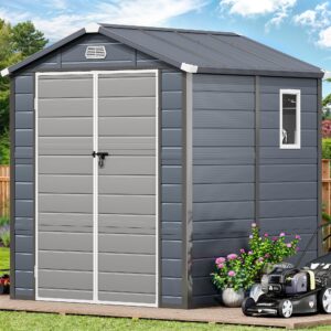 yitahome resin storage unit sans flooring, 6.3x6.2ft all-weather plastic shed with window, vents and secured doors, outdoor plastic tool cabin for poolside, lawn, backyard, patio, dark gray