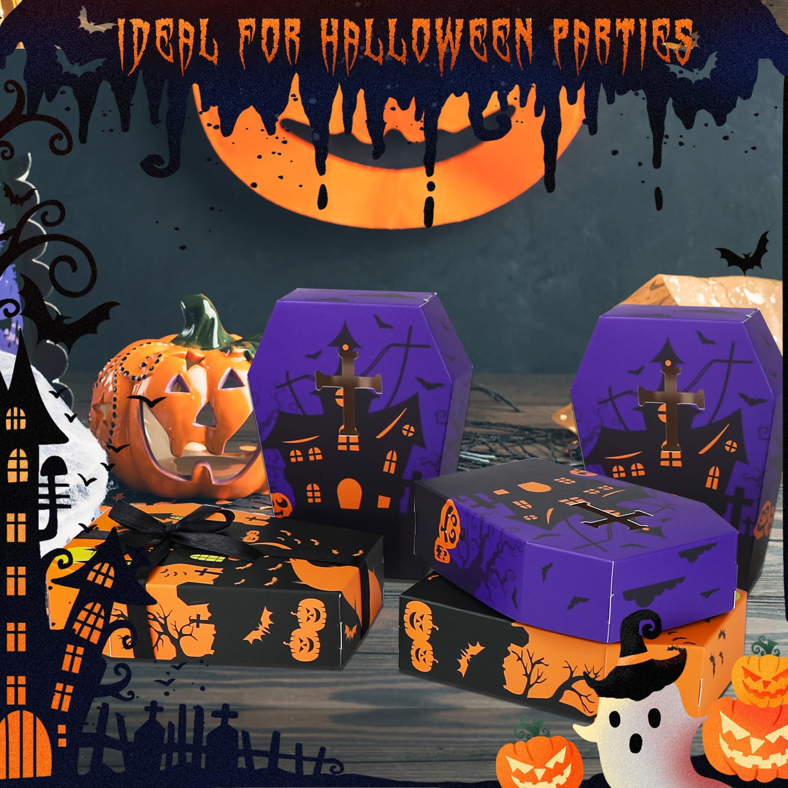 OPELETNNT 24 Pcs Halloween Trick or Treat Gift Boxes, Halloween Candy Cookie Goodie Boxs for Halloween Party Favor Supplies, Ghost Coffin Paper