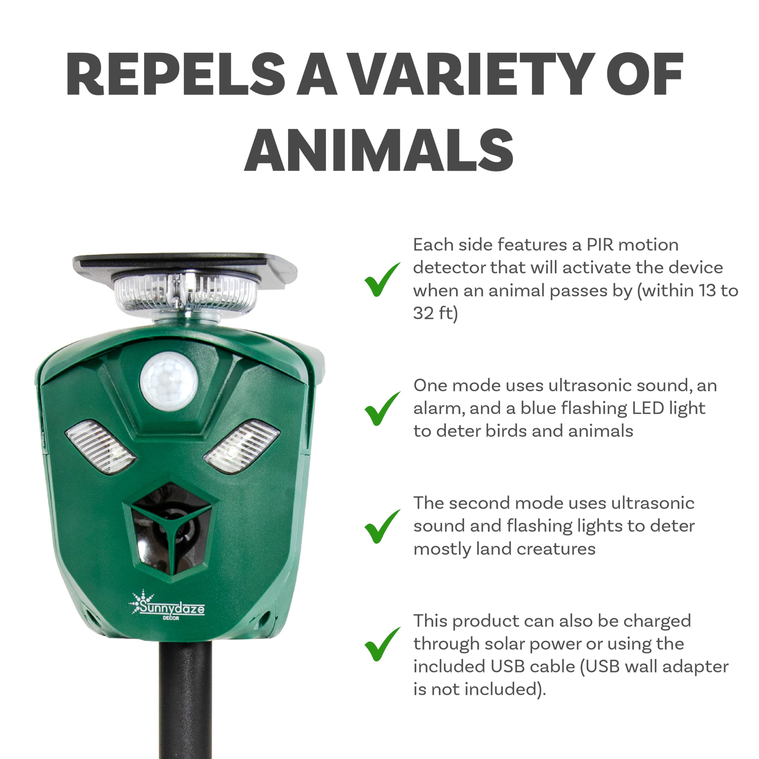 Sunnydaze 360° Solar-Powered Ultrasonic Animal Repeller with Mounting Pole - Solar Power or USB - 3 PIR Motion Sensors