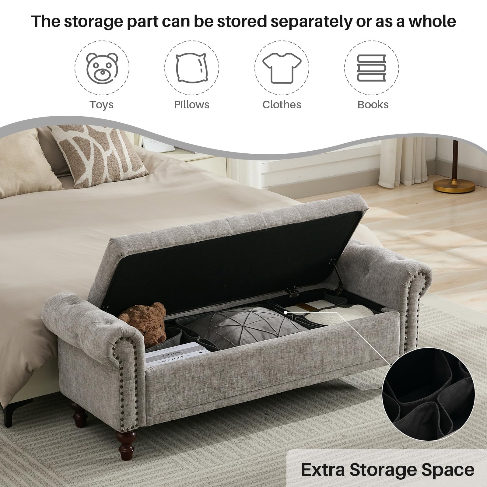 SOFTHION Storage Bench Upholstered Chenille End of Bedroom Bed Bench Ottoman with Tufted Cushioned Rolled Arm Large Storage Space for Reading Living Room Entryway, Light Grey