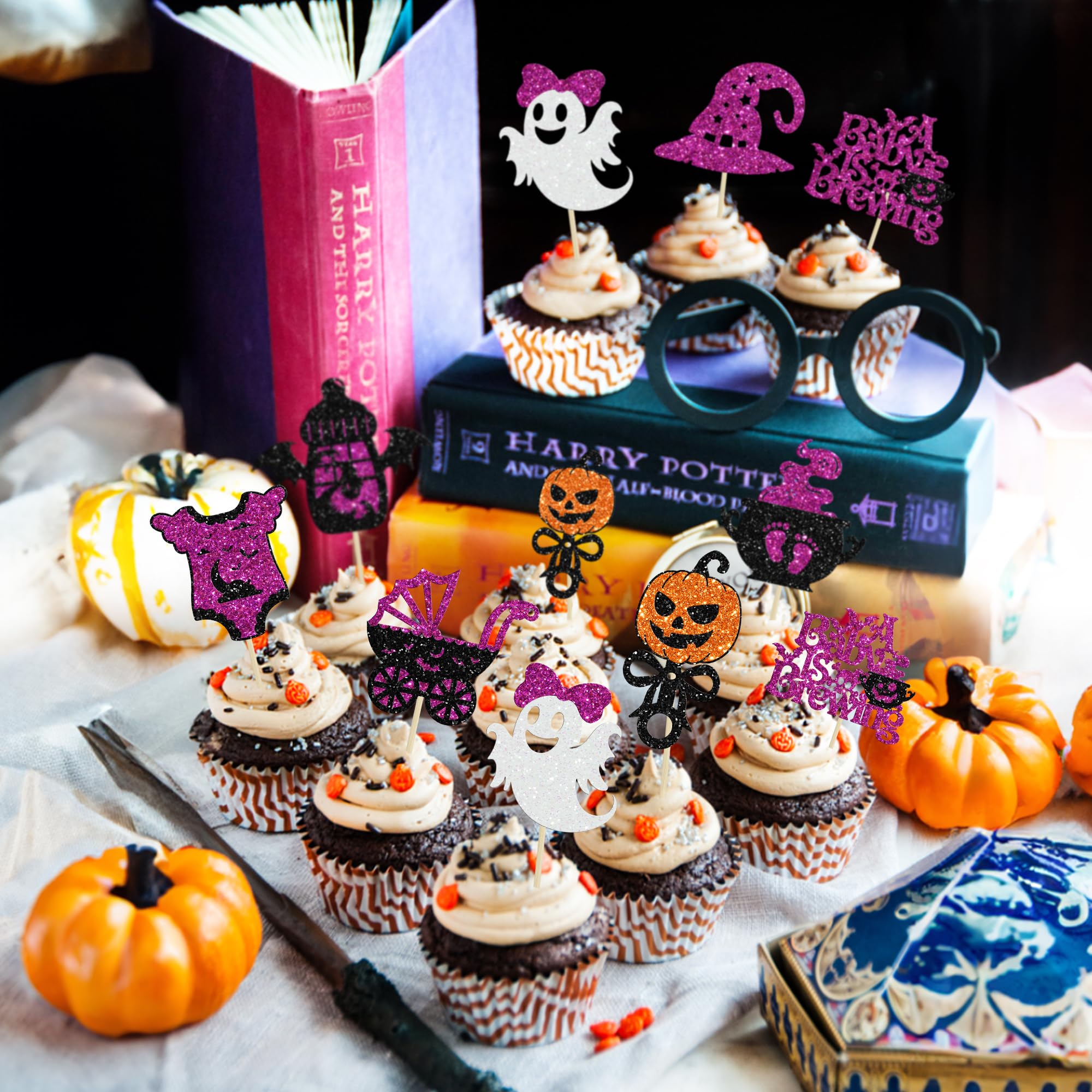 Gyufise 24Pcs Halloween Baby Shower Cupcake Toppers A Baby Is Brewing Cupcake Picks Witch Pregnant Women Halloween Gneder Reveal Cupcake Decorations Party Supplies Purple