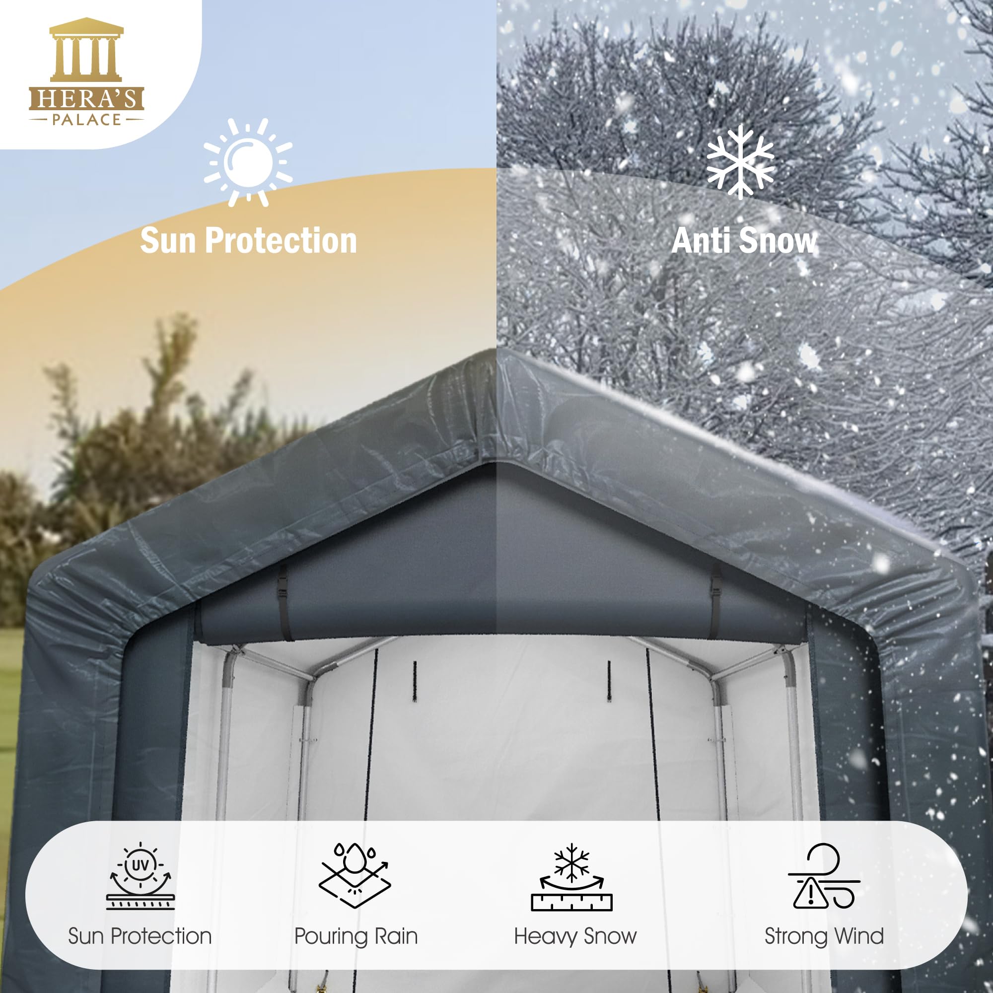 Hera' S Palace 8x12ft Heavy Duty Carport Outdoor Patio Anti-Snow Portable Canopy Storage Shelter Shed with 2 Roll up Zipper Doors Garage Kit Tent for Motorcycle, Snowmobile, Garden Tools, Dark Gray