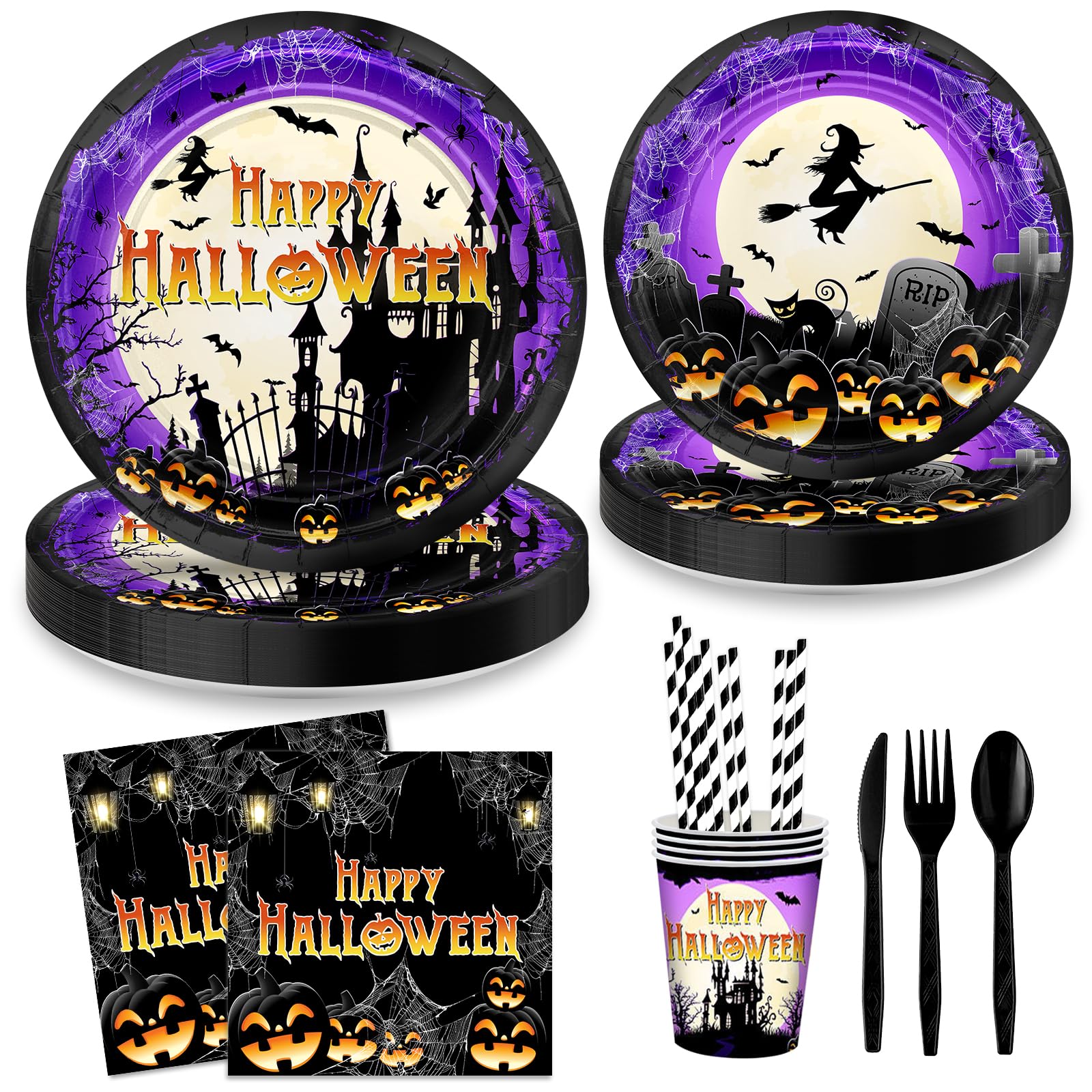 Avezano 192 Pcs Halloween Paper Plates and Napkins Happy Halloween Tableware Scary Moon Night Halloween Birthday Baby Shower Party Decorations Serve 24 (Purple)