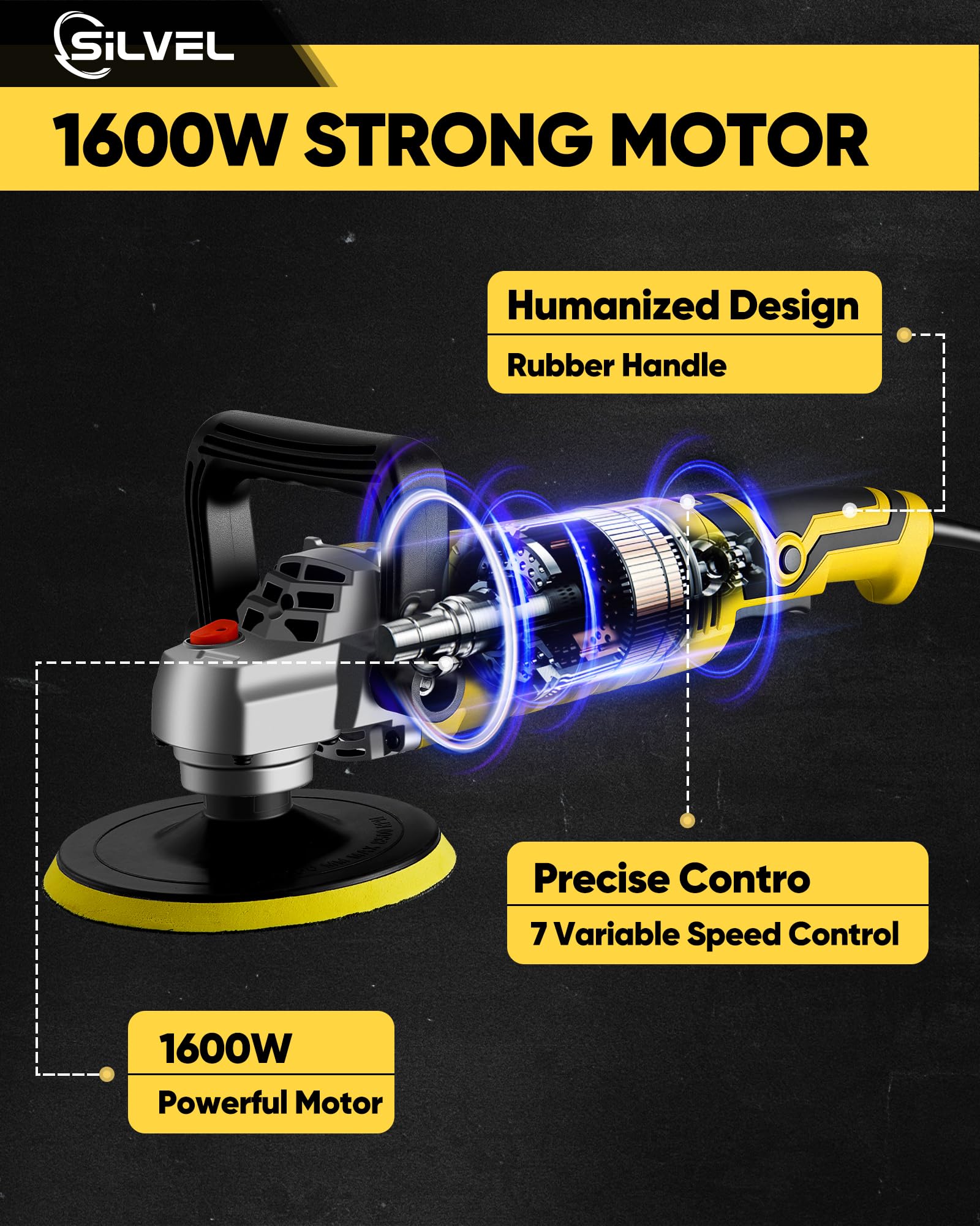 SILVEL Buffer Polisher, 1600W 7 Inch/6 Inch Polisher for Car Detailing, Wax Machine, 7 Variable Speed, with 6 Foam Pads, 3 Wool Pads, Packaging Bag, for Boat Polishing and Waxing