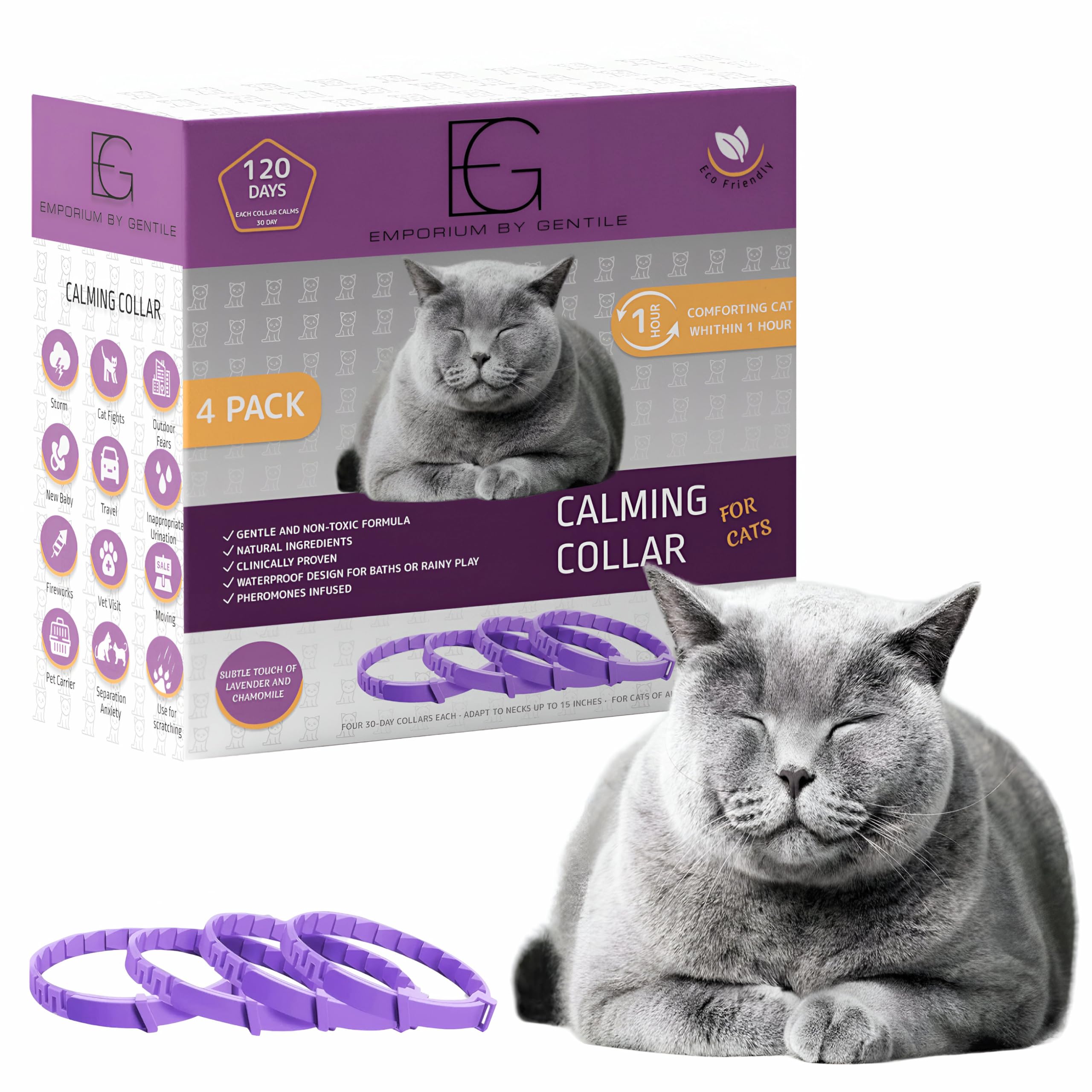 Calming Collar for Cats, 4 Pack (120 Days) with Fast-Acting Pheromones for Anxiety and Stress Relief, Provides Long-Lasting Comfort, Keeps Your Cat Calm and Relaxed, Lavender Aromatherapy