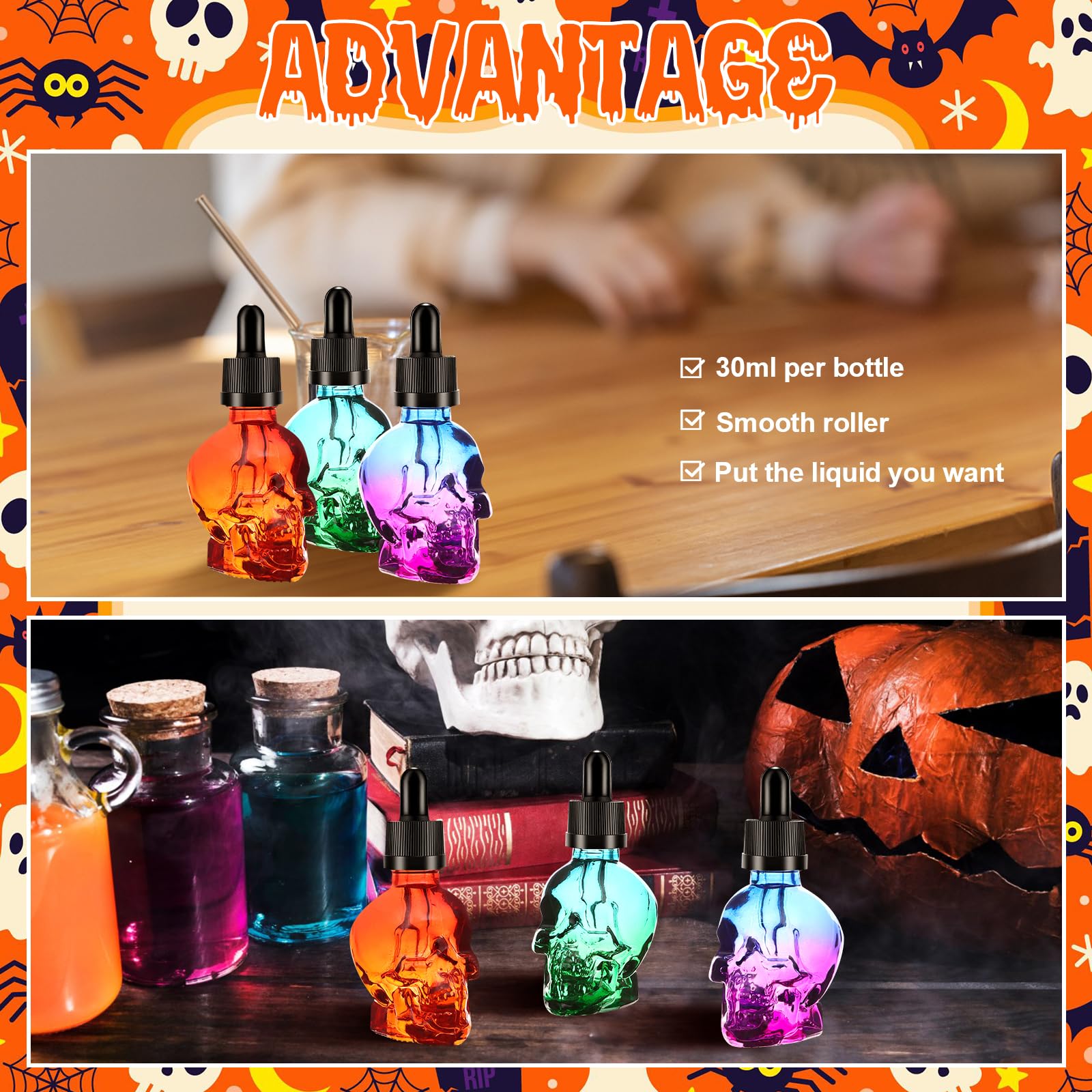 8Pack 1oz Skull Glass Dropper Bottles Empty Refillable Bottles Clear Skull Head Glass Bottle Liquid Bottling Dispensing Bottle with Eye Dropper Pipettes for Essential Oil/Beauty Oil Mix Dispenser