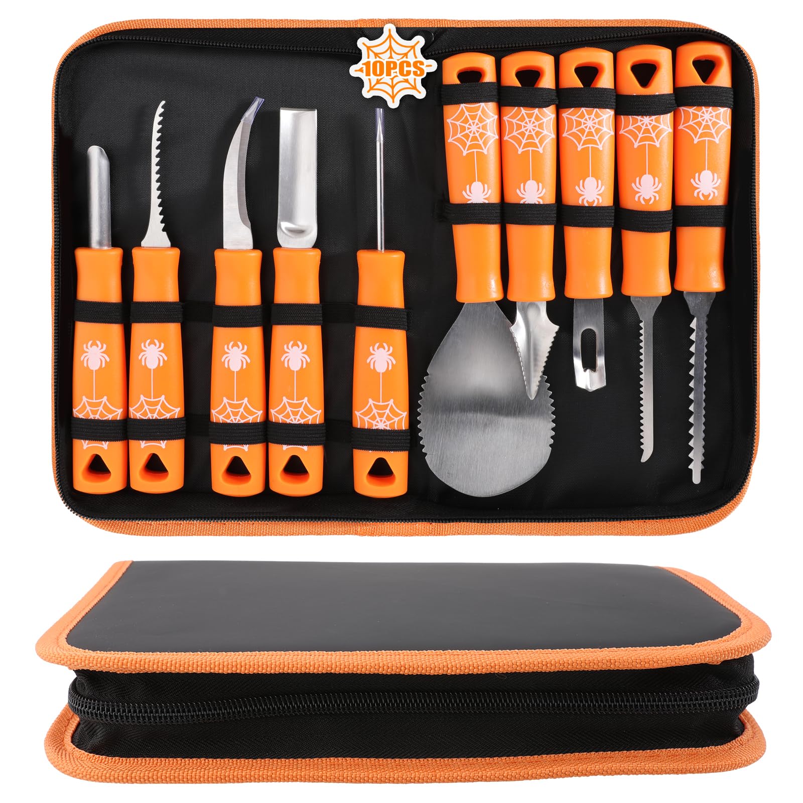 Pumpkin Carving Kit Tools Halloween, 10PCS Professional Heavy Duty Carving Set, Stainless Steel Double-side Sculpting Tool Carving Kit for Halloween Decoration Jack-O-Lanterns, Safe and Durable